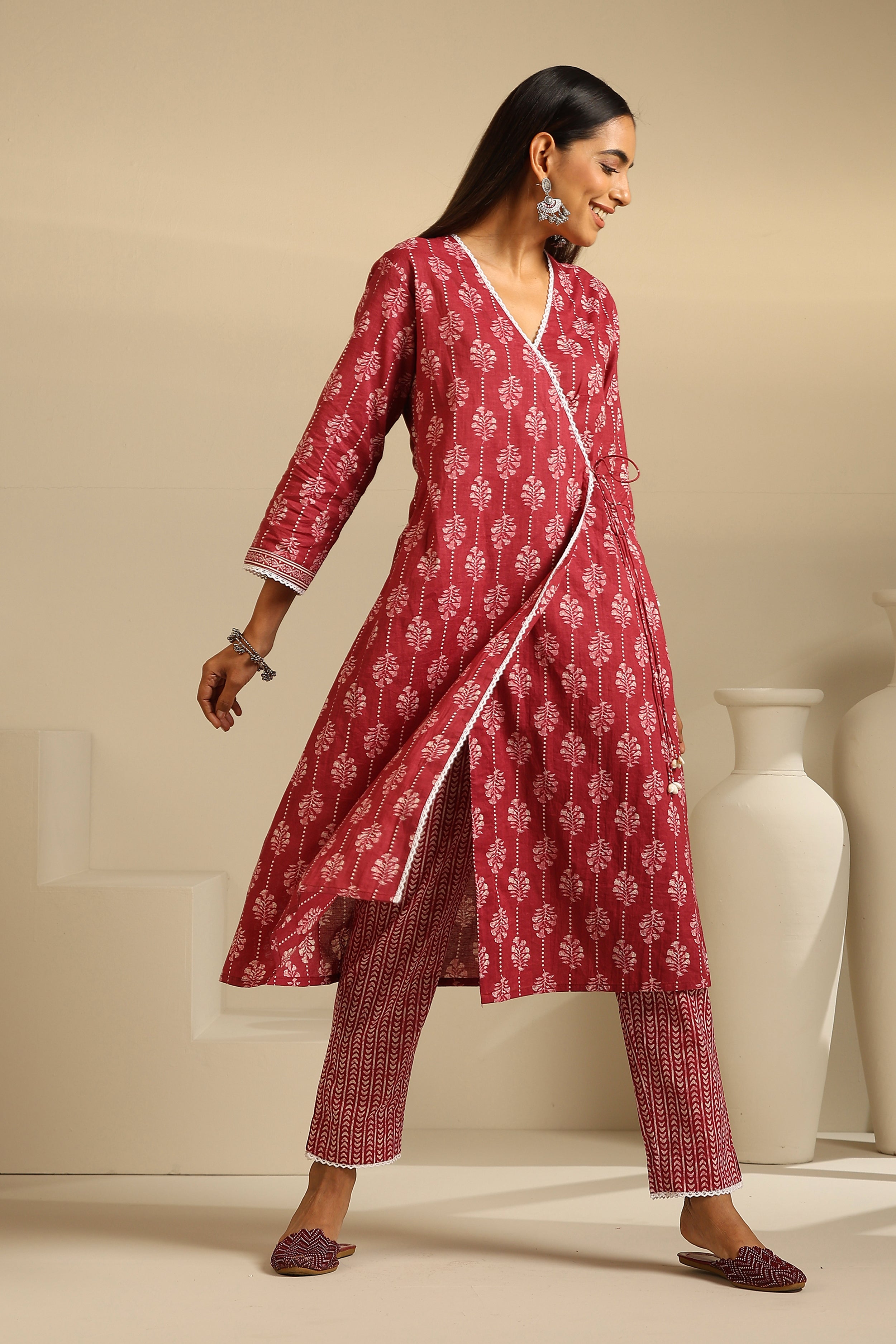 Murraya | Maroon Jade Floral Angrakha Set of 2